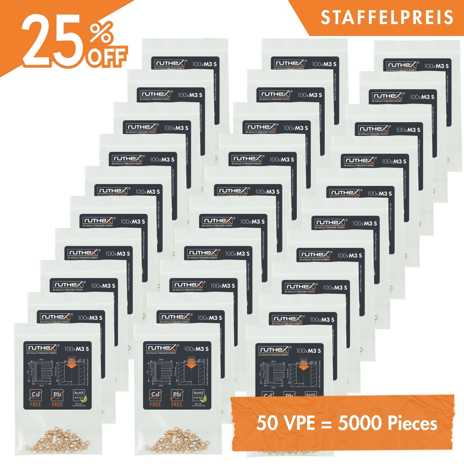 ruthex thread insert M3S (100 pieces) - SHORT threaded bushings for 3D ...