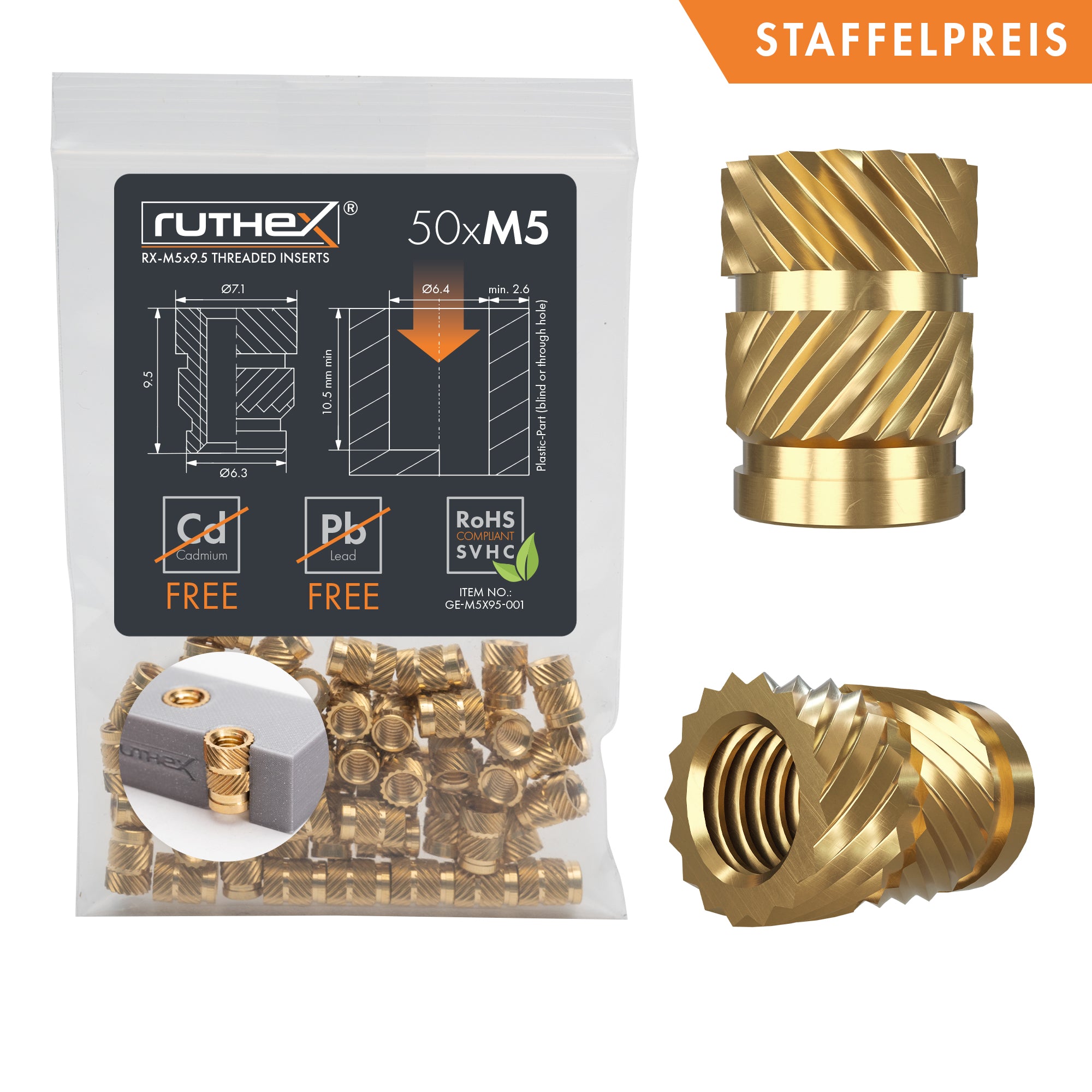 ruthex thread insert M5 (50 pieces) - threaded bushings for 3D printing
