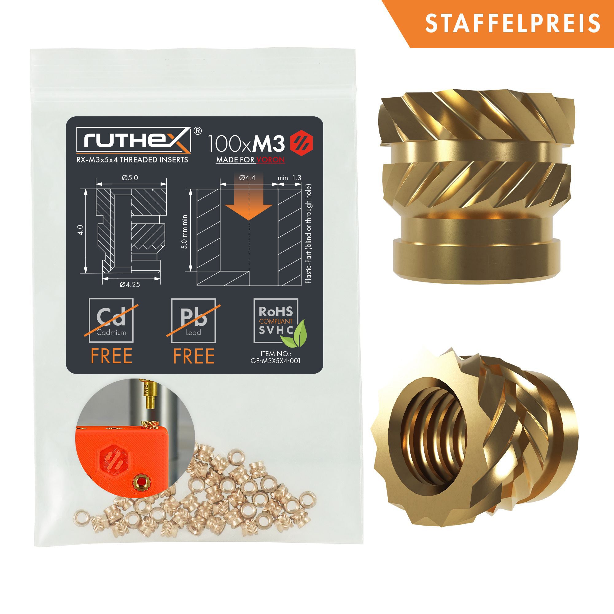 ruthex thread insert M3 (100 pieces) - Made for VORON - RX-M3x5x4