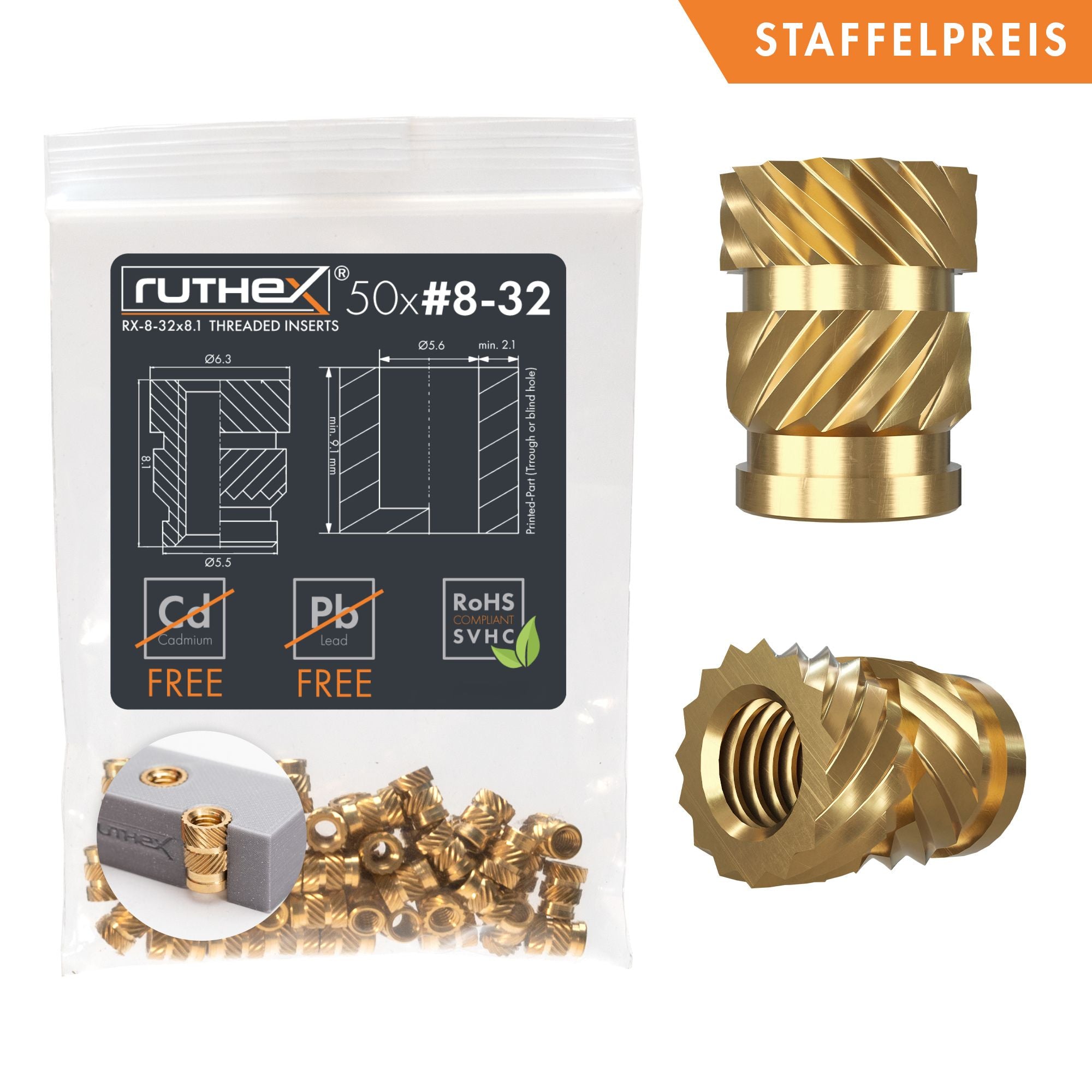ruthex #8-32 thread insert inch (UNC) - 50 pieces RX-8-32x8.1 brass th