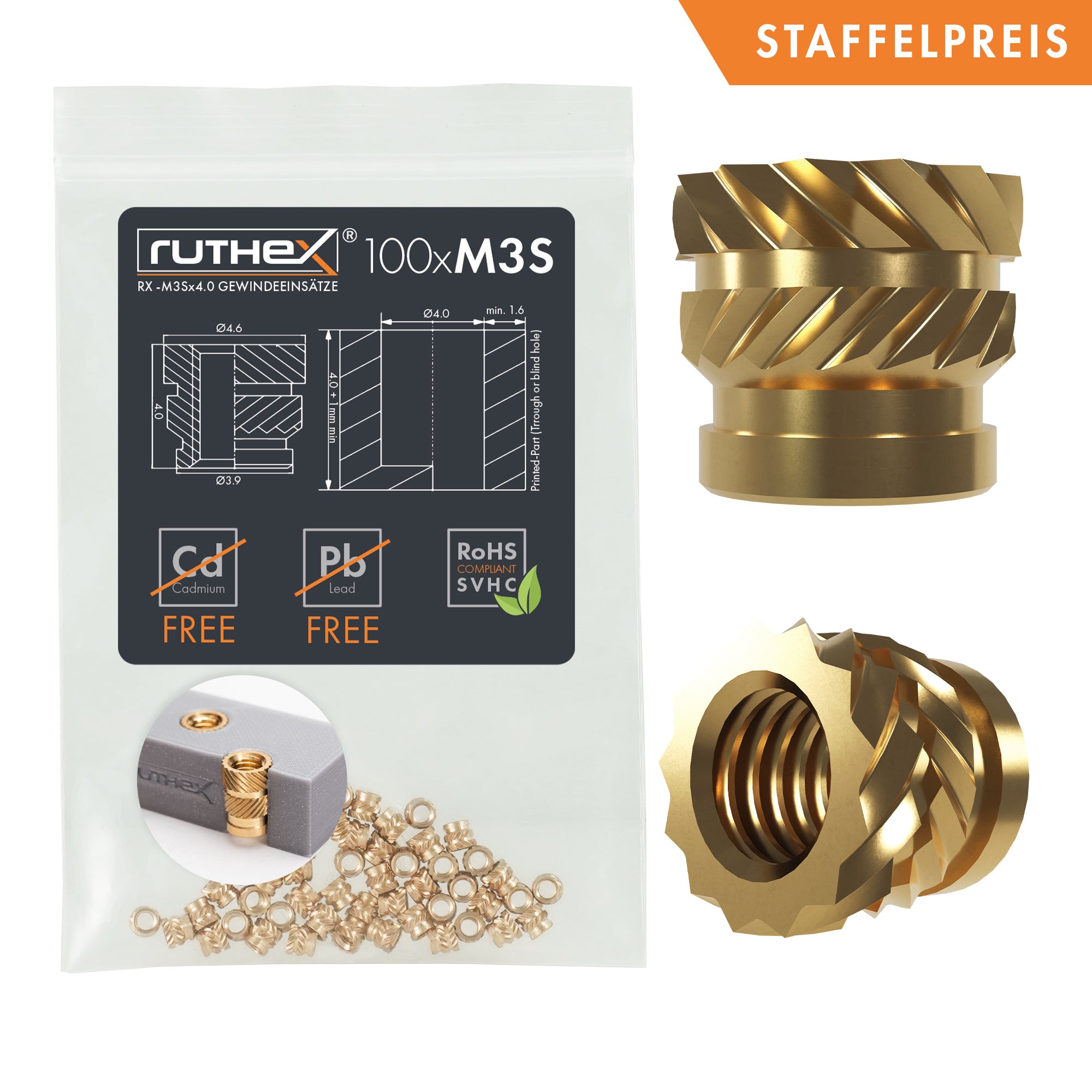 ruthex thread insert M3S (100 pieces) - SHORT threaded bushings for 3D ...